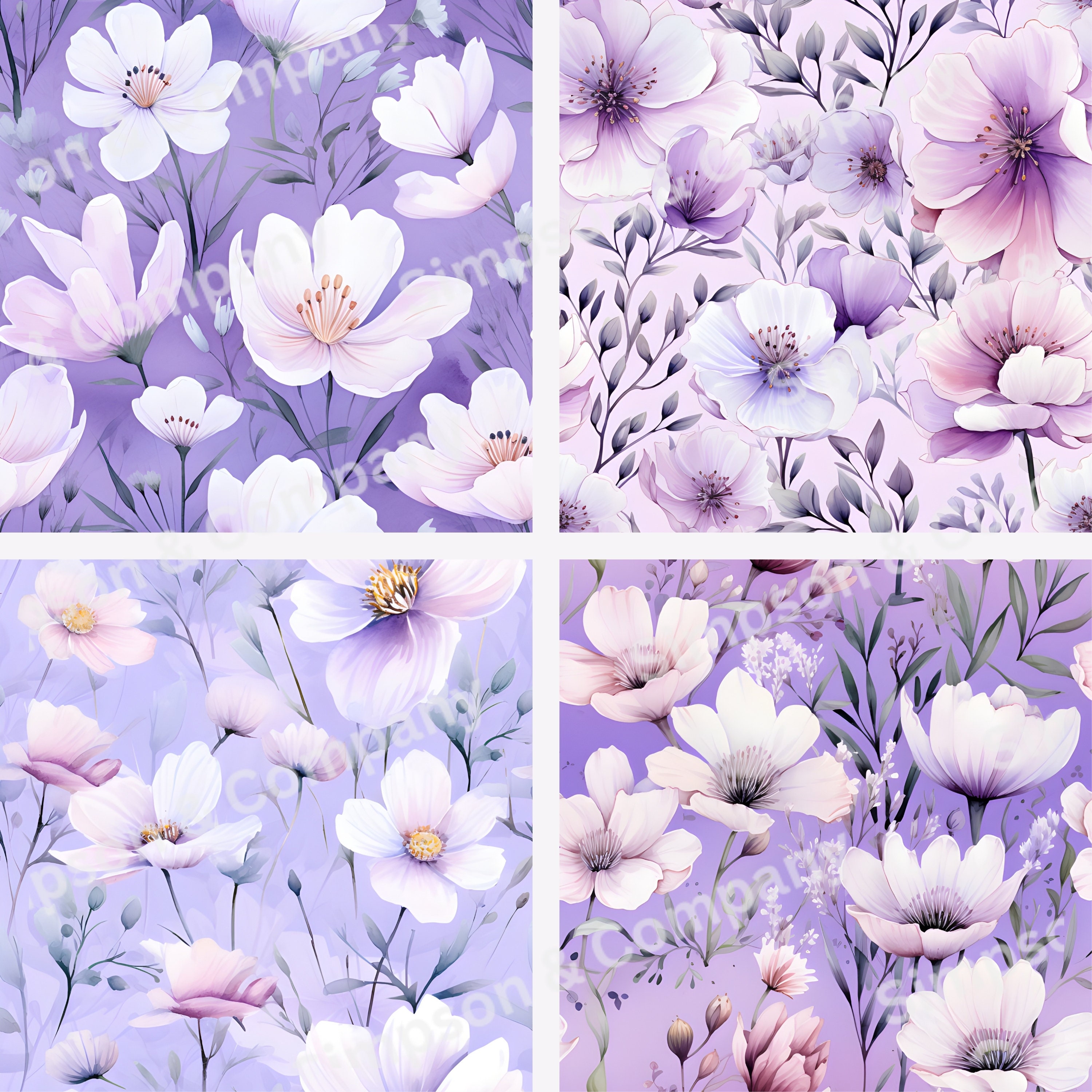 20 Watercolor Wildflowers Purple Digital Paper, JPEG, 12 X 12 ...