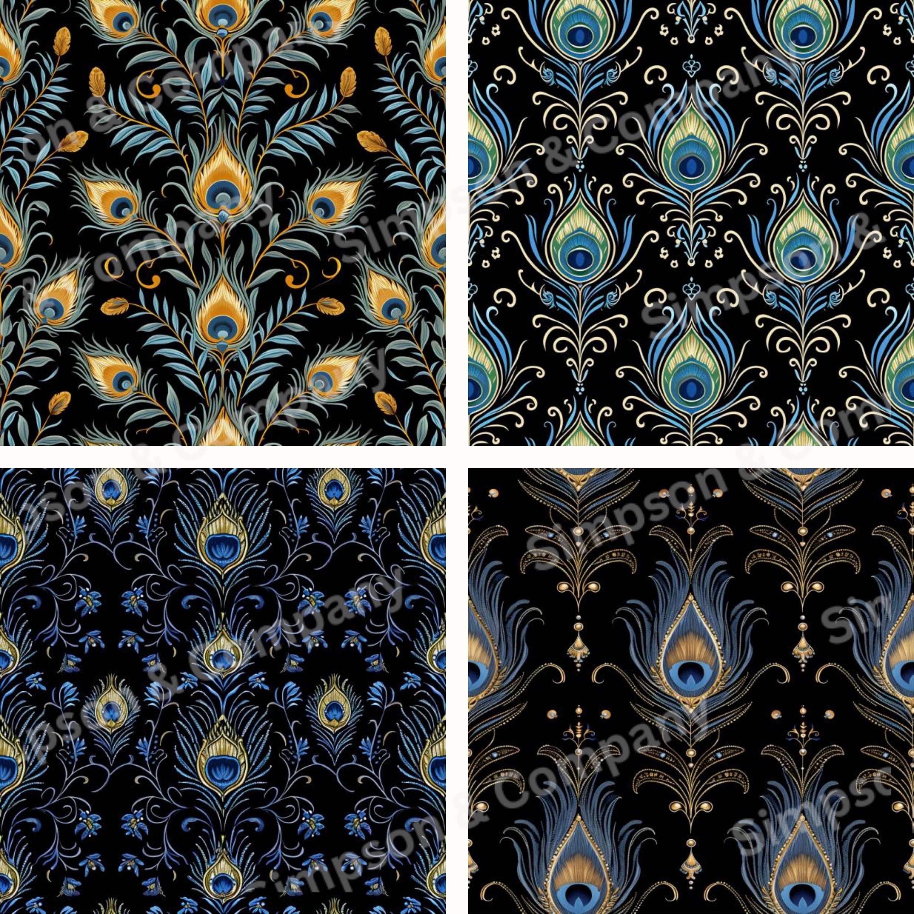 20 Peacock Feather Damask on Black Seamless Digital Paper, JPEG, 12 X 12, Scrapbook Paper, Junk ...