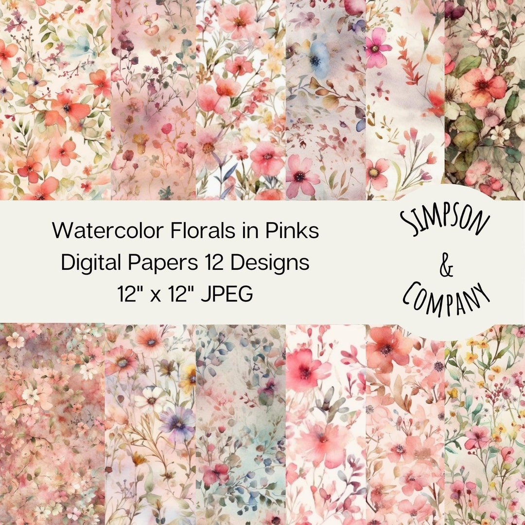 12 Watercolor Florals in Pinks Digital Papers JPEG 12 - Etsy