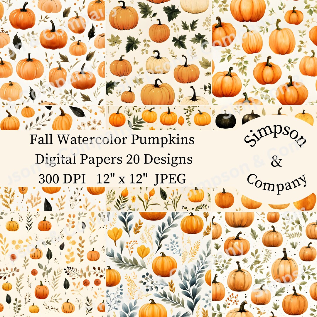 20 Watercolor Pumpkins Digital Paper, JPEG, 12 X 12, Scrapbook Paper ...