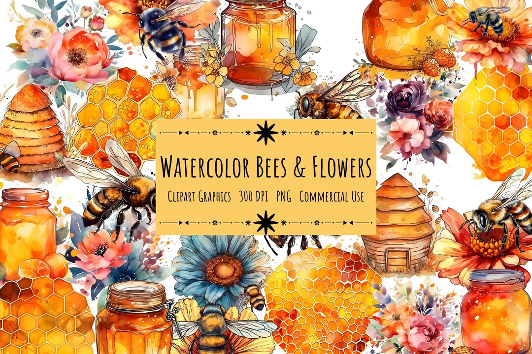 24 PNG Watercolor Honey Bees Clipart, Flowers, Honey Jars & Honeycombs ...