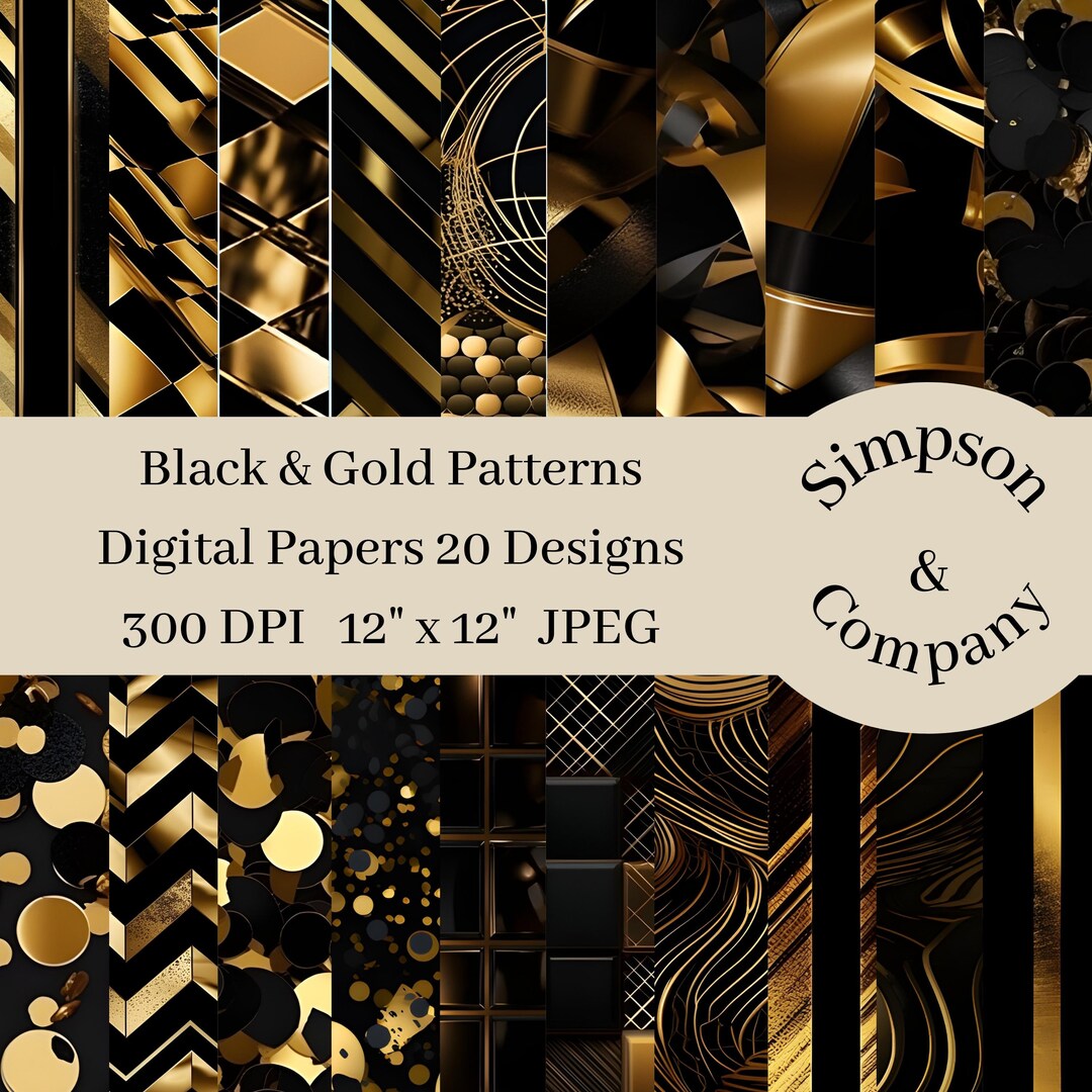 20 Black & Gold Patterns Digital Paper, JPEG, 12 X 12, Scrapbook Paper ...