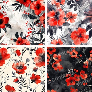 20 Red & Black Floral Seamless Digital Paper, JPEG, 12" X 12 ...