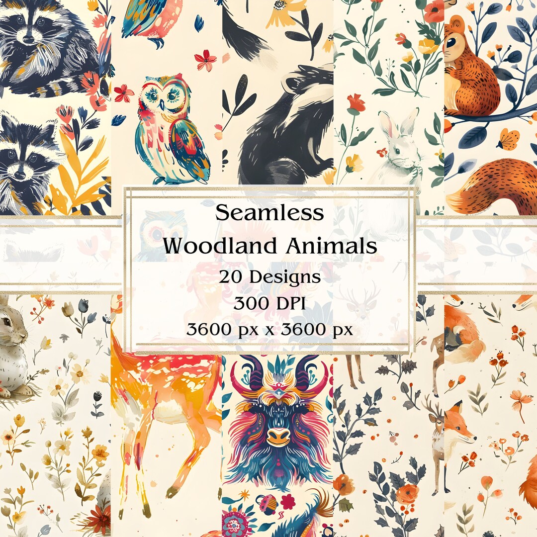 20 Woodland Animals Patterns Seamless Digital Paper, JPEG, 12" X 12 ...