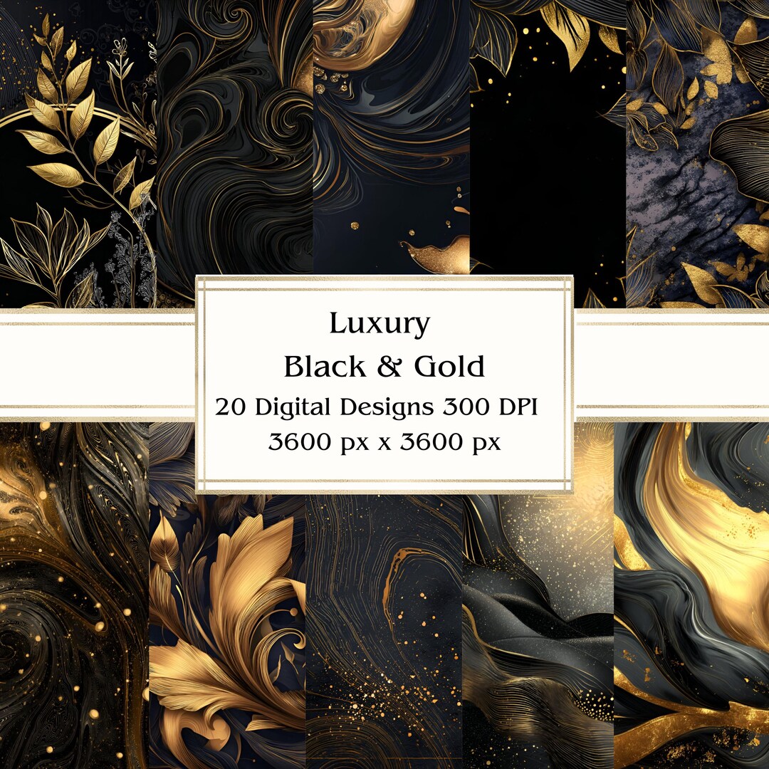 20 Luxury Black & Gold Digital Paper, JPEG, 12" X 12", Scrapbook Paper ...