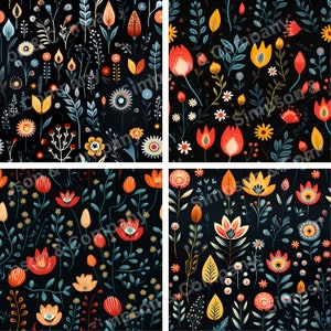 20 Folk Art Flowers Black Seamless Digital Paper, JPEG, 12" X 12", Scrapbook Paper, Junk Journal ...