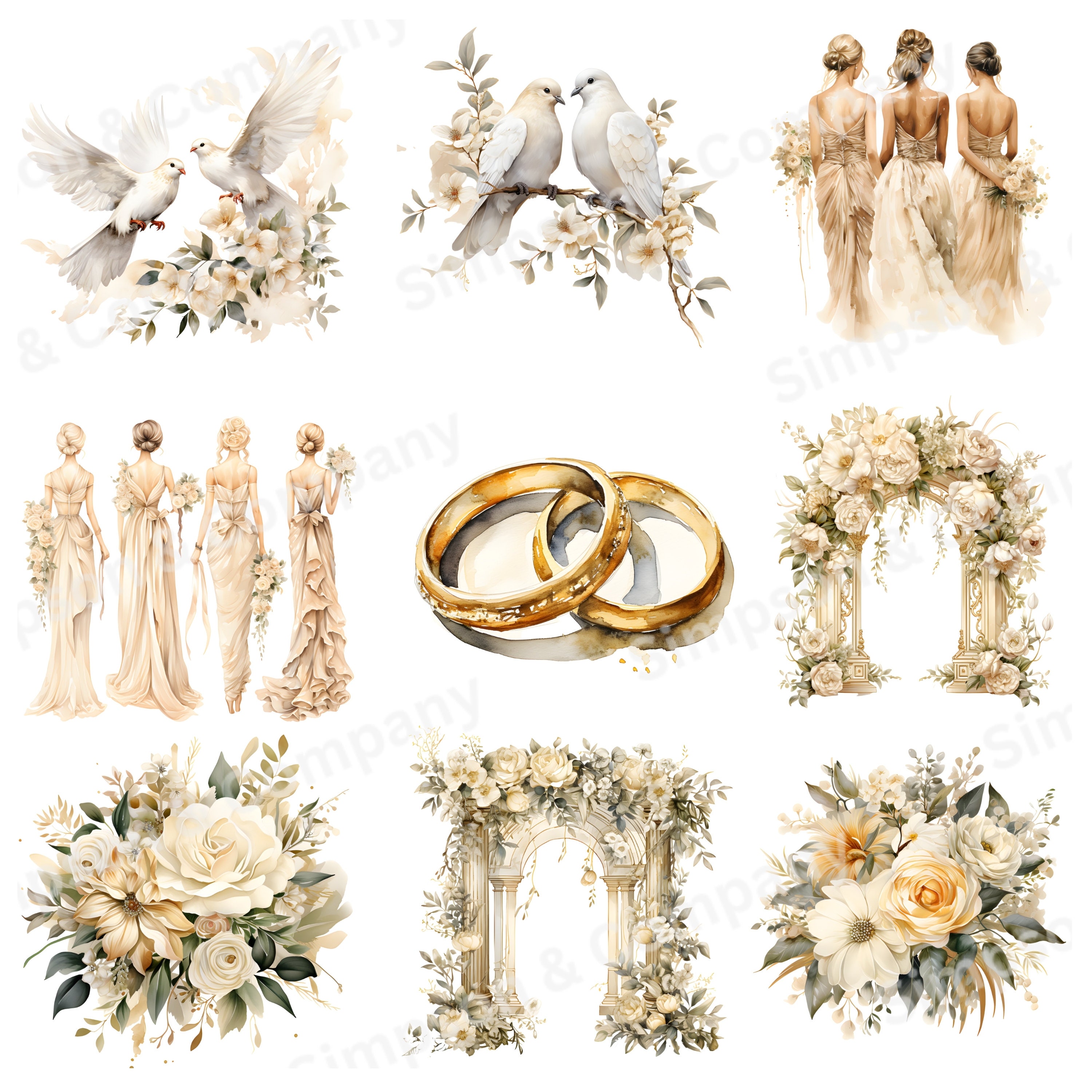 35 PNG Watercolor Ivory & Gold Wedding Clipart, Wedding Graphics ...