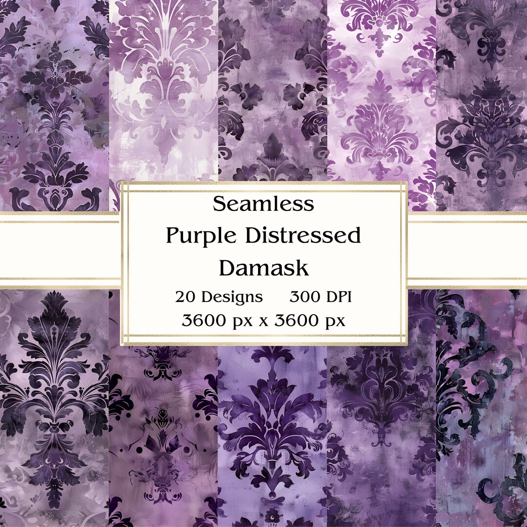 20 Purple Distressed Damask Seamless Digital Paper, JPEG, 12" X 12 ...