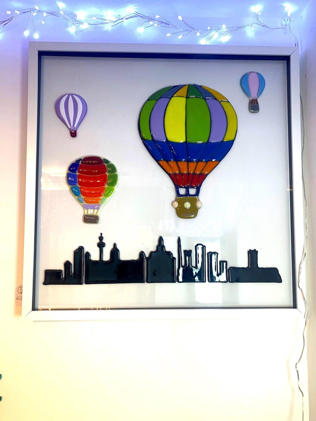 Hot Air Balloons Over Liverpool Skyline, Handmade Fused Glass, Framed ...
