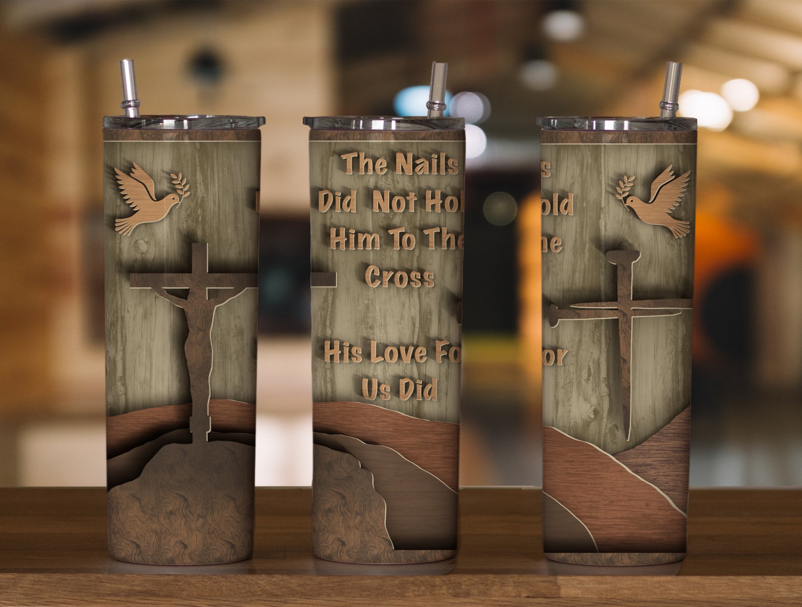 20oz Skinny Tumbler Wrap Design of Crucifix in 3D Wood With Layers of ...