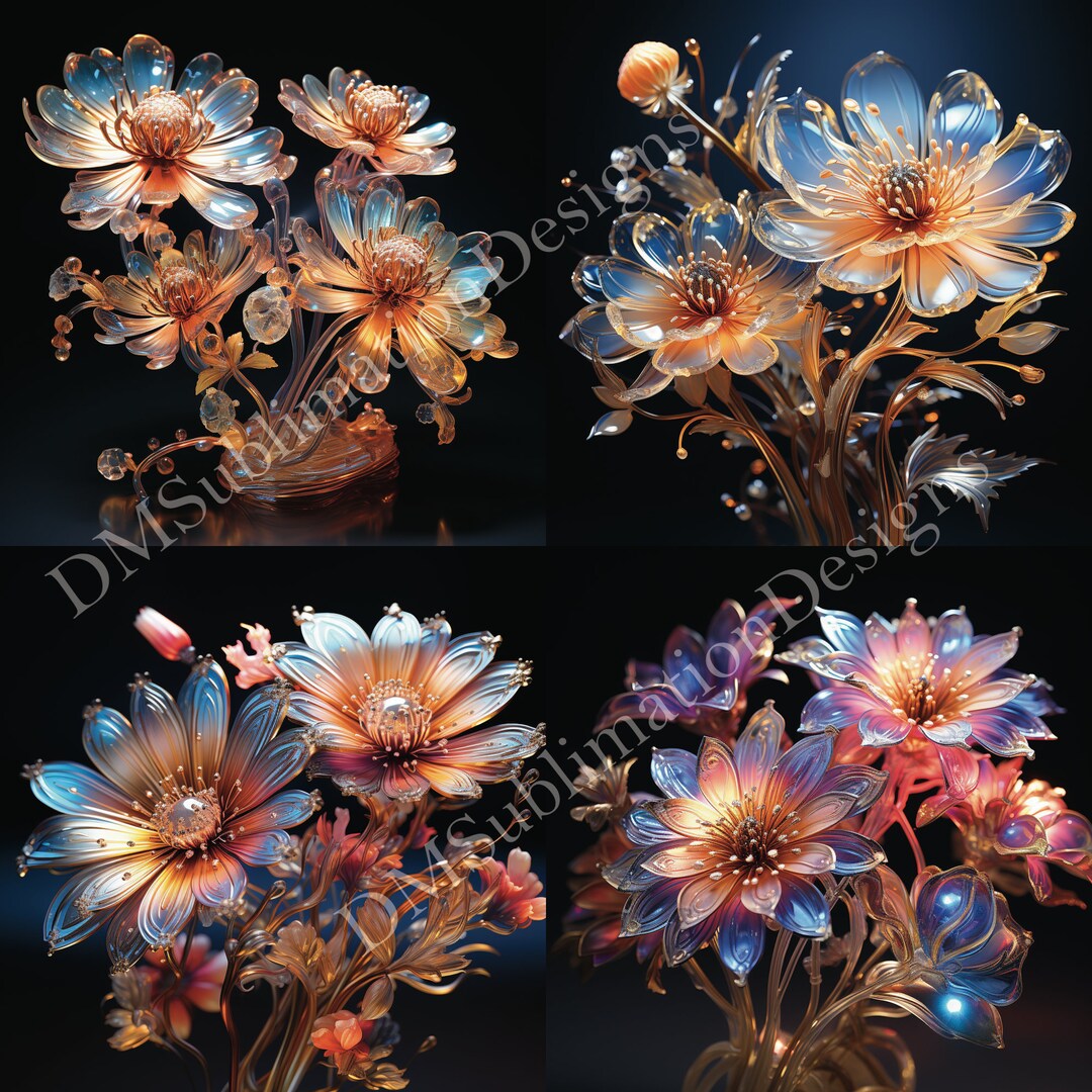 Bundle of 4 Digital Designs of Glass Flowers With Transparent Petals ...