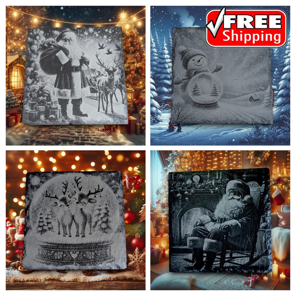 Slate Coaster Christmas Scenes Set of 4 Engraved Natural Slate. Santa ...