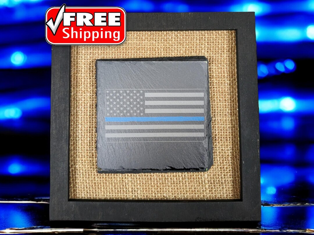 Thin Blue Line Over American Flag Engraved on Polished Slate Tile Solid ...