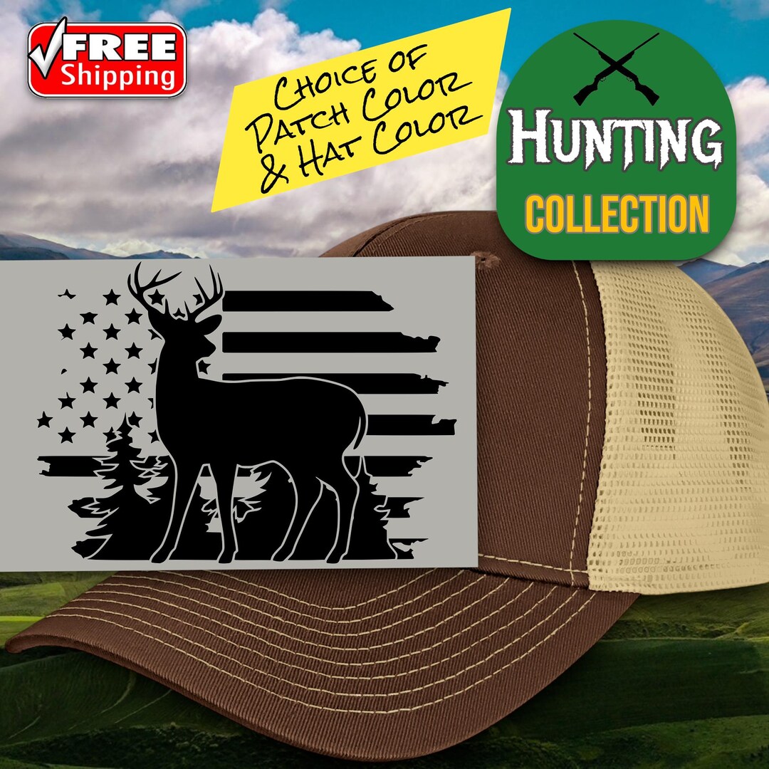 Custom Hat Patch Buck Deer USA Flag on NV Caps Hunting Select Hat Color ...