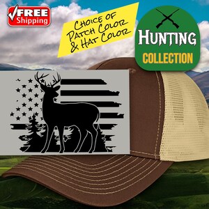 Custom Hat Patch Buck Deer USA Flag on NV Caps Hunting Select Hat Color ...