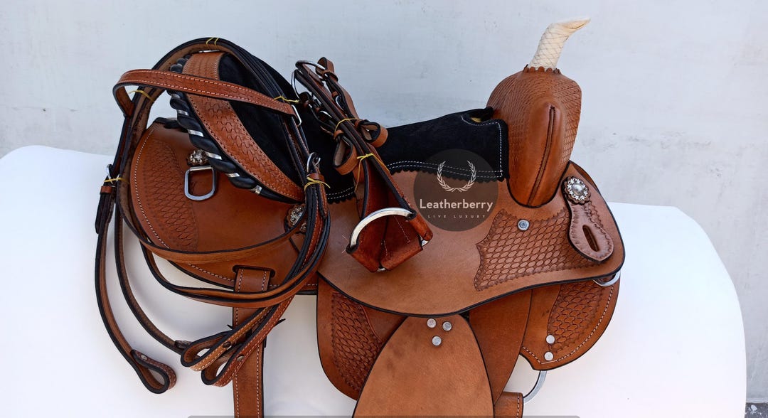 Black Seat Hand-tooled Leather Western Barrel Saddle Tack Set With ...