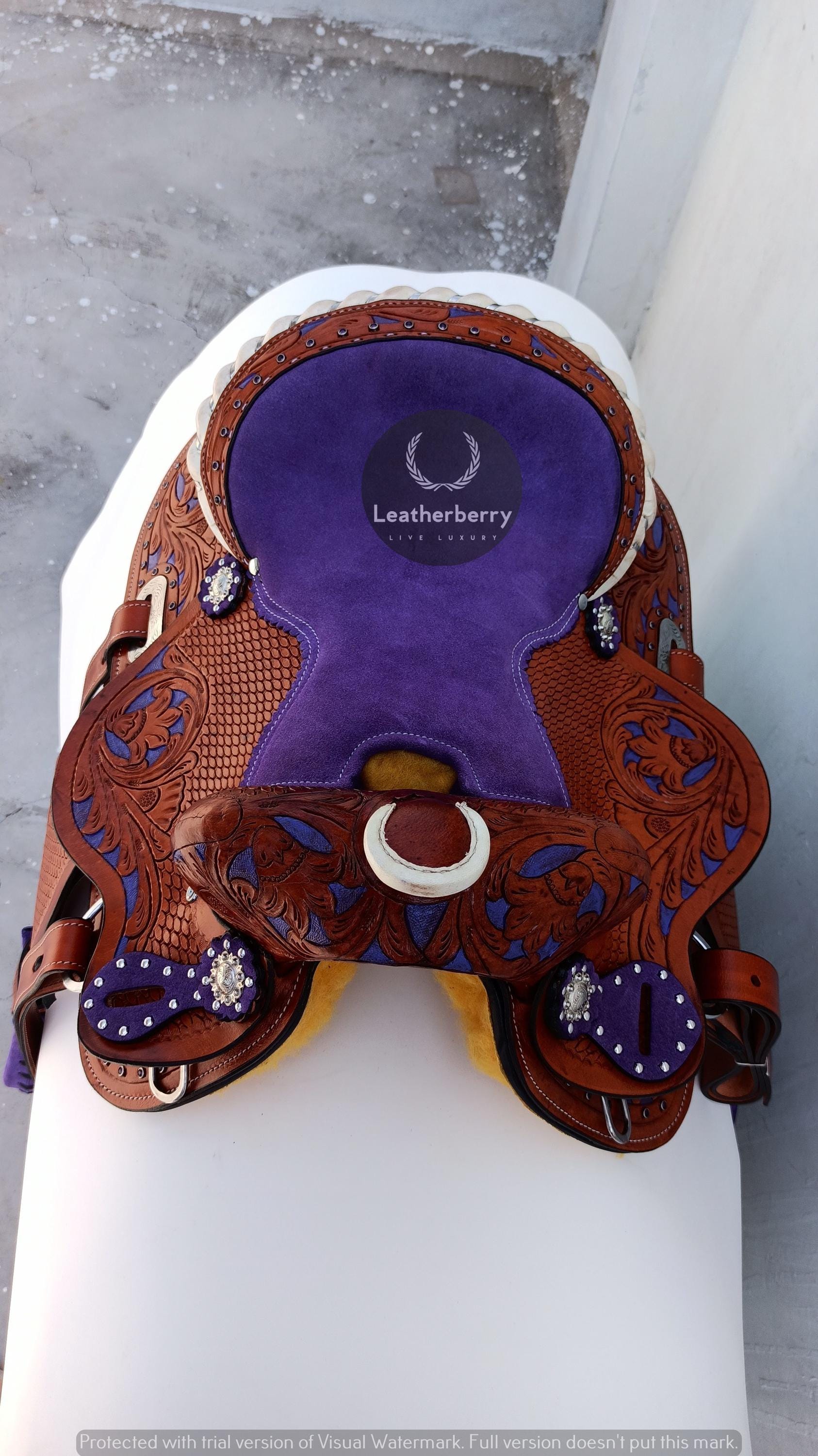 Purple Floral Detailing Hand-tooled Leather Deep Seat Western Barrel ...