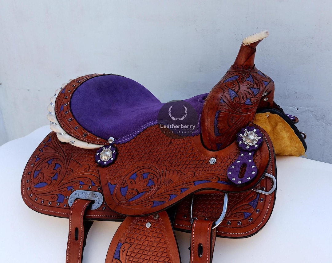Purple Floral Detailing Hand-tooled Leather Deep Seat Western Barrel ...
