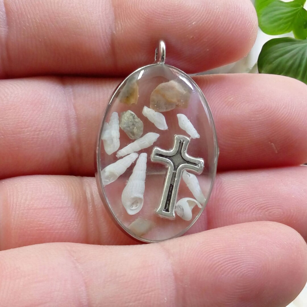 Sea of Galilee Sea Shells and Stones Oval Pendant With Cross Icon, Holy ...