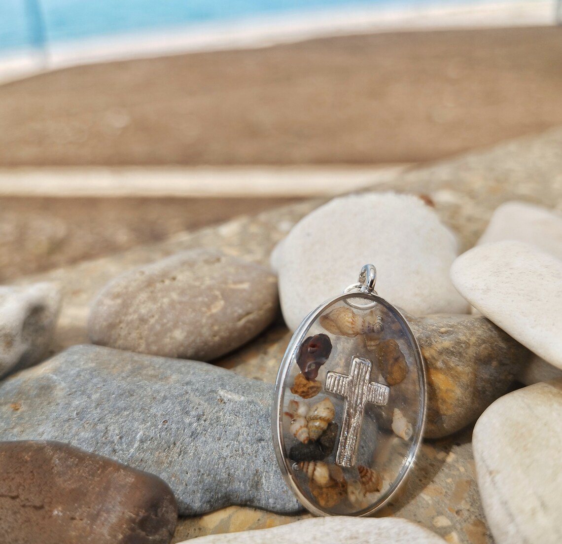 Sea of Galilee Sea Shells and Stones Oval Pendant With Cross Icon, Holy ...