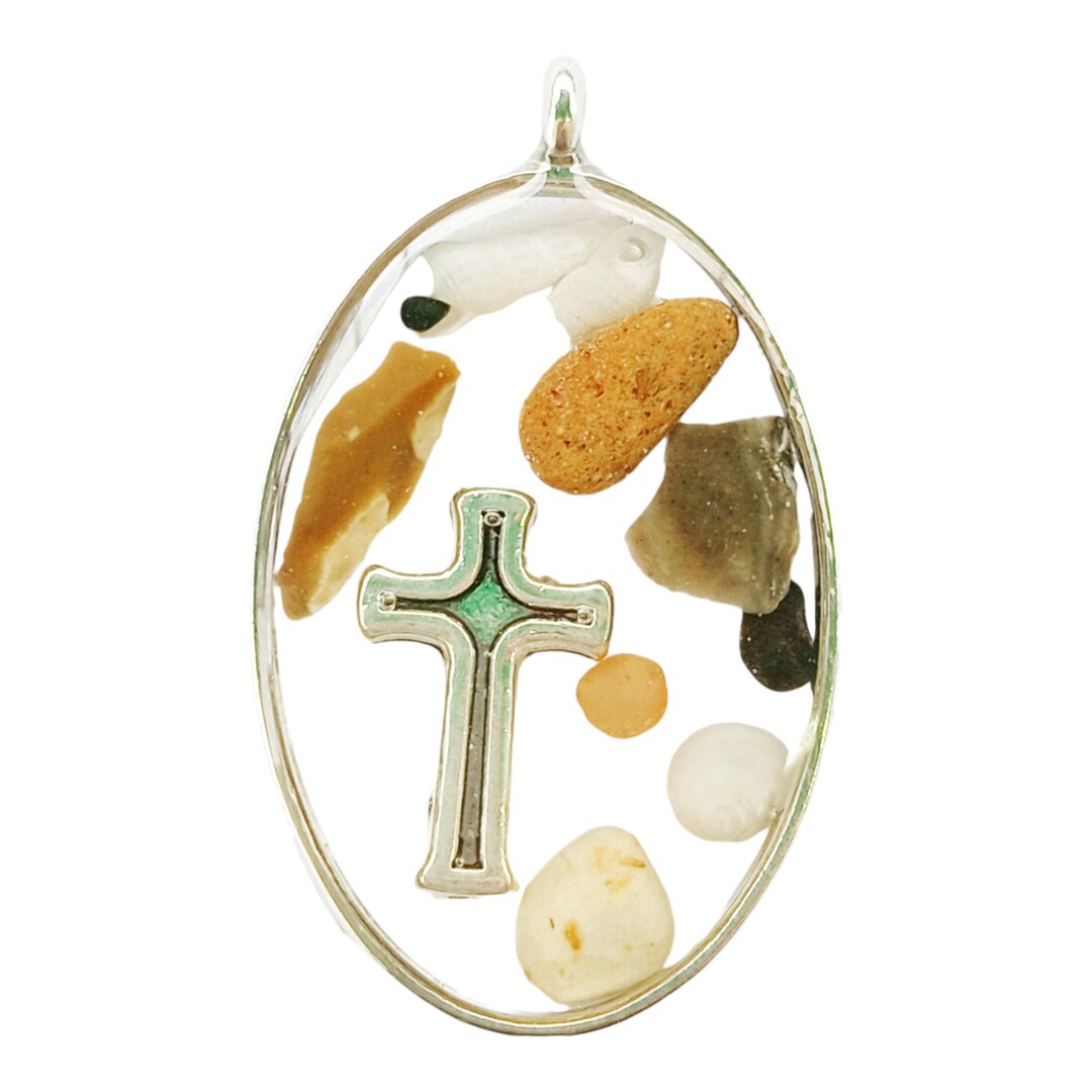 Sea of Galilee Sea Shells and Stones Oval Pendant With Cross Icon, Holy ...