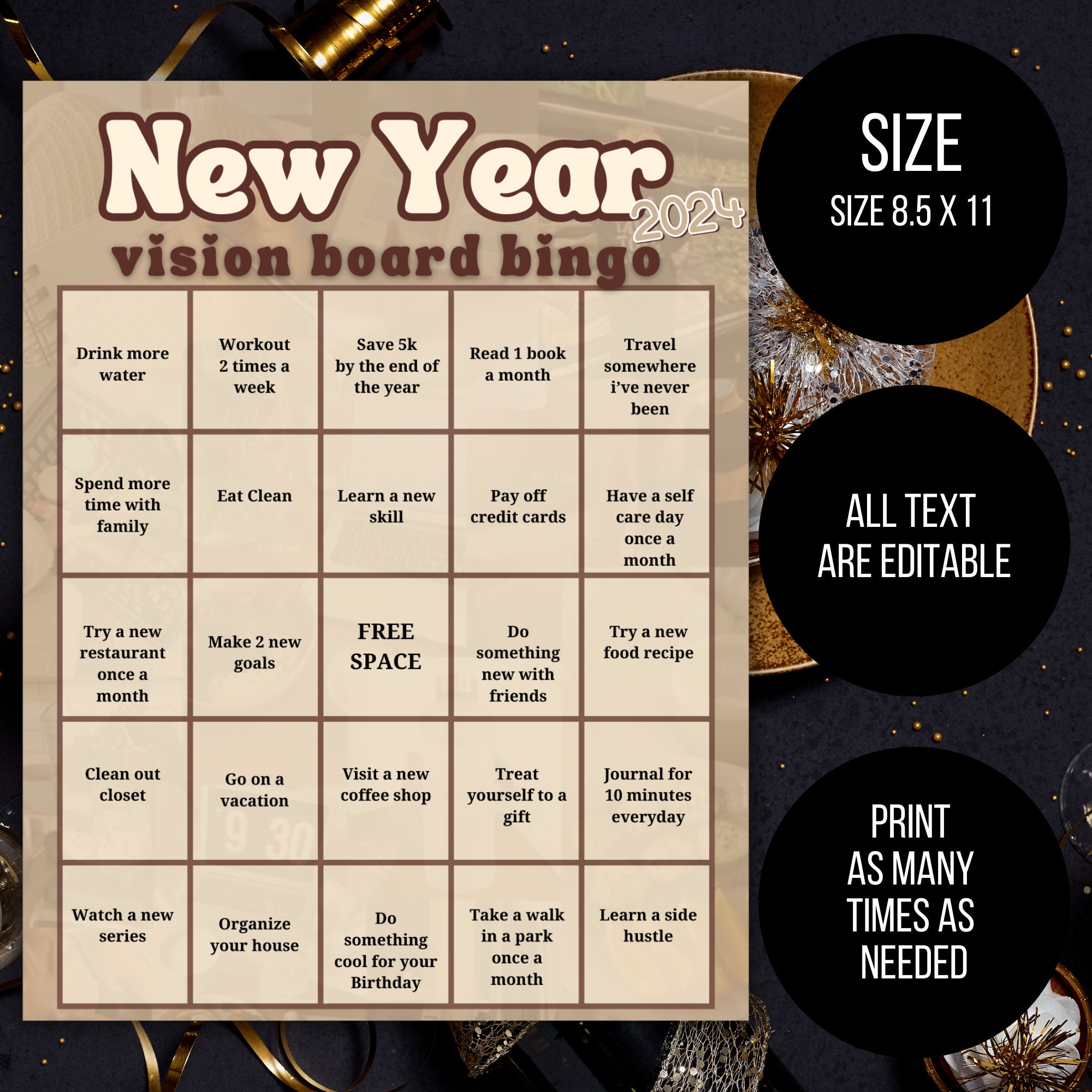 Vision Board Bingo Template, 2024 Personal Goals Bingo Game, That Girl ...