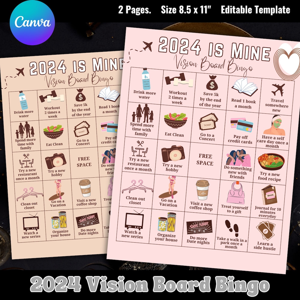 Vision Board Bingo Template, 2024 Personal Goals Bingo Game, That Girl ...