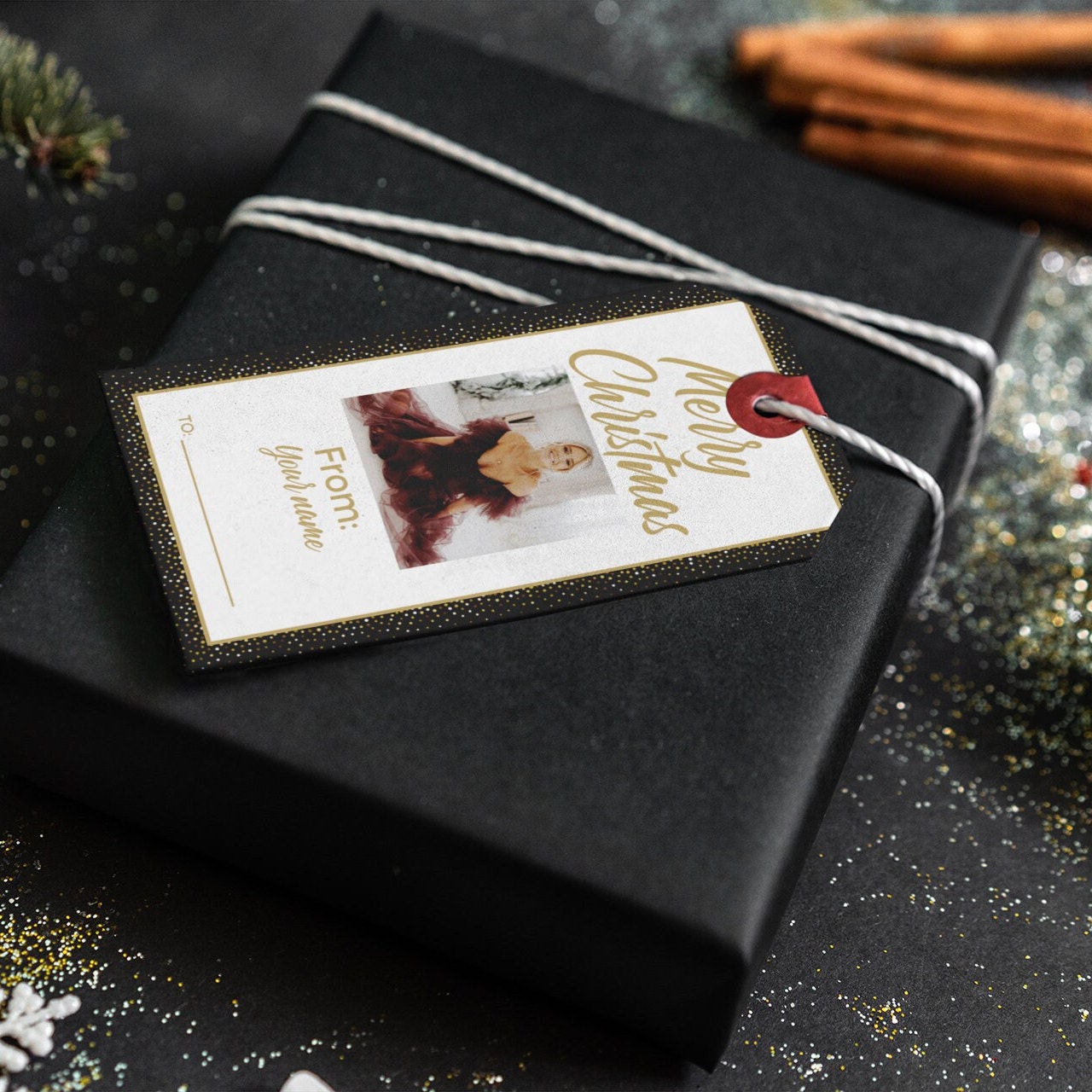 Christmas Photo Gift Tag, Editable Gift Tag Template, Gold Glitter ...