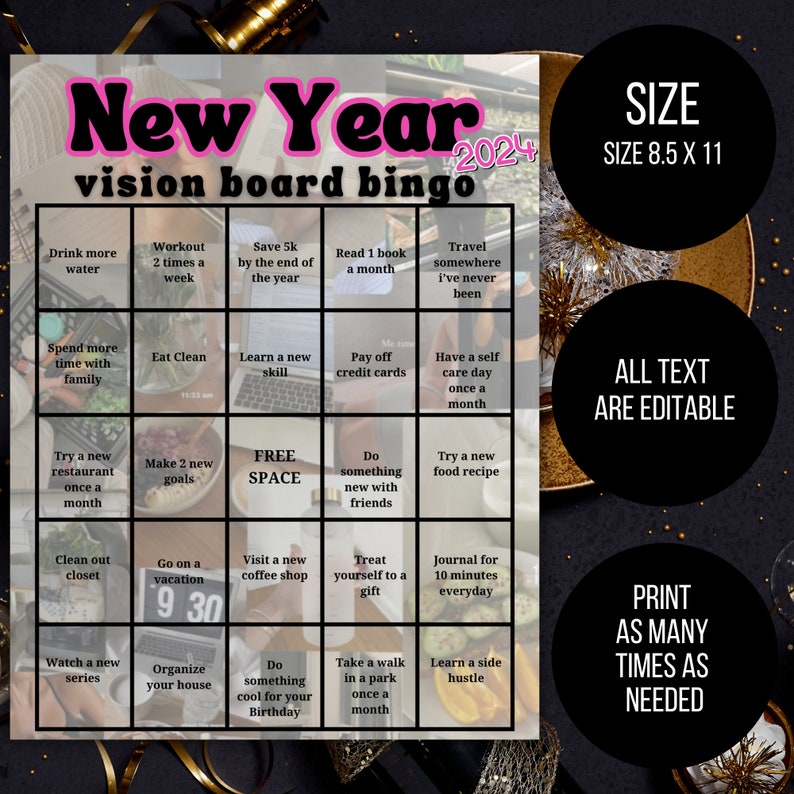 Vision Board Bingo Template, 2024 Personal Goals Bingo Game, That Girl ...