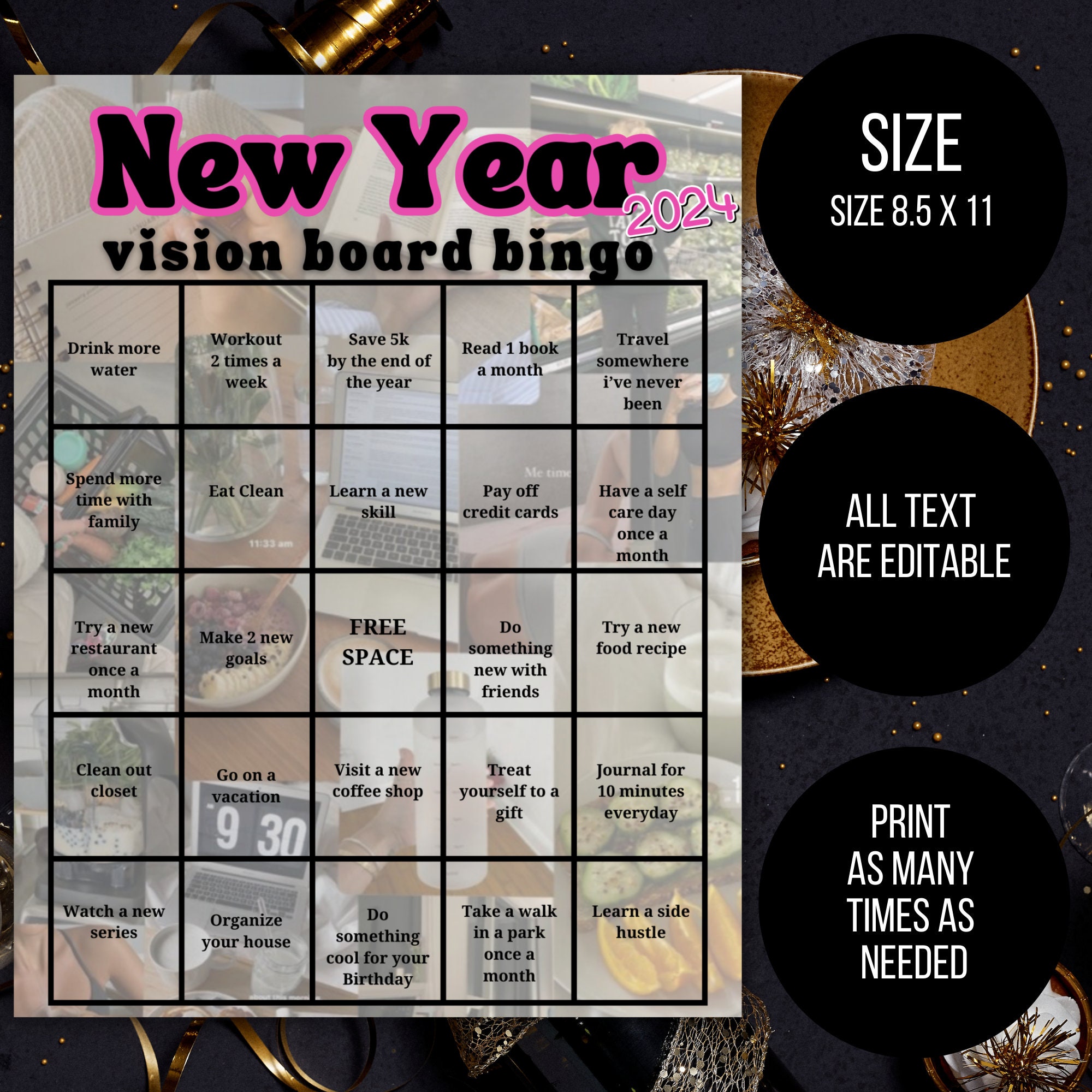 Vision Board Bingo Template, 2024 Personal Goals Bingo Game, That Girl ...