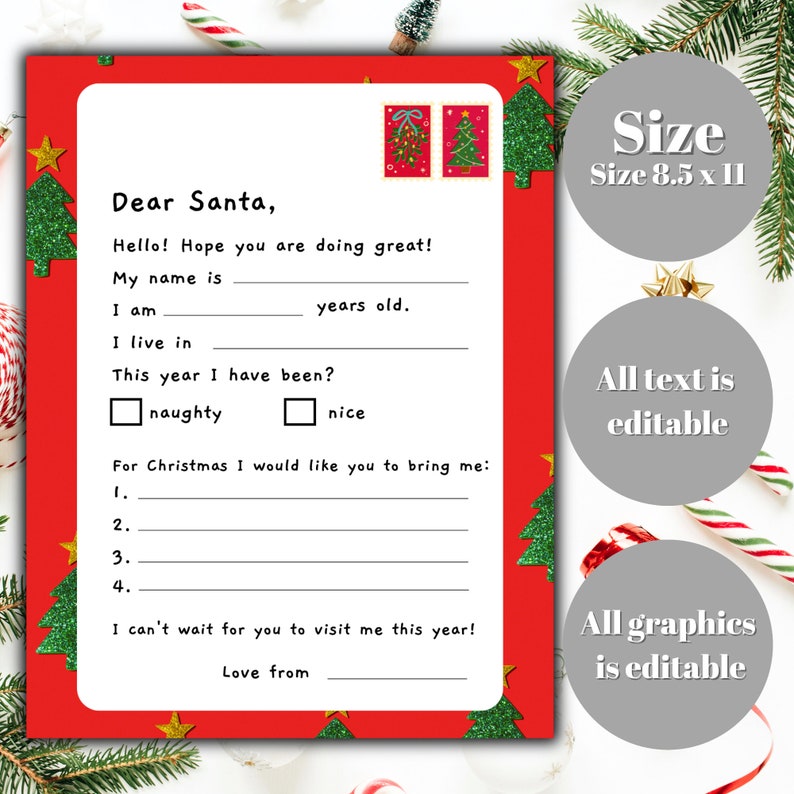 Christmas Wish List for Kids, Editable Template, Dear Santa Letter ...