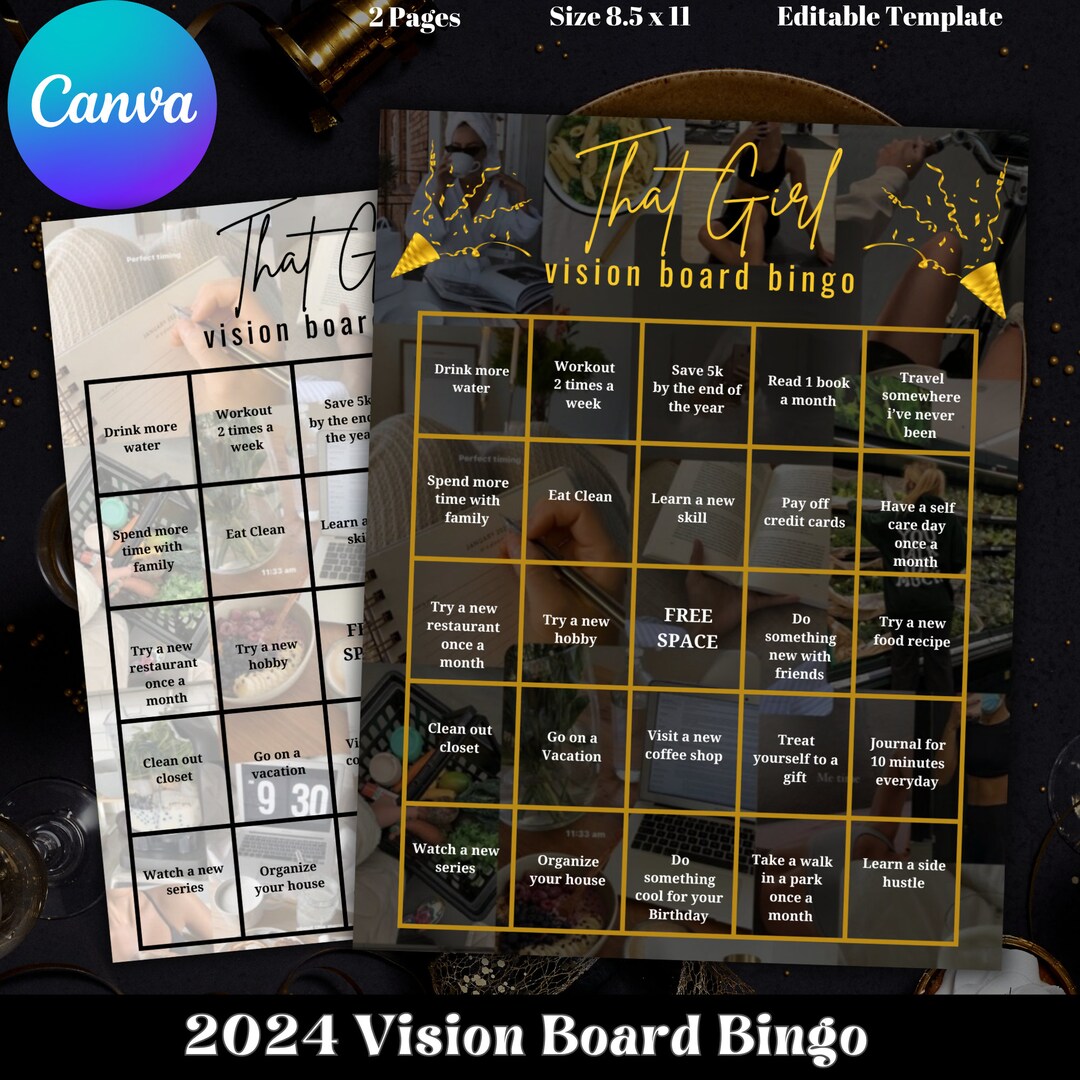 Vision Board Bingo Template, 2024 Personal Goals Bingo Game, That Girl ...