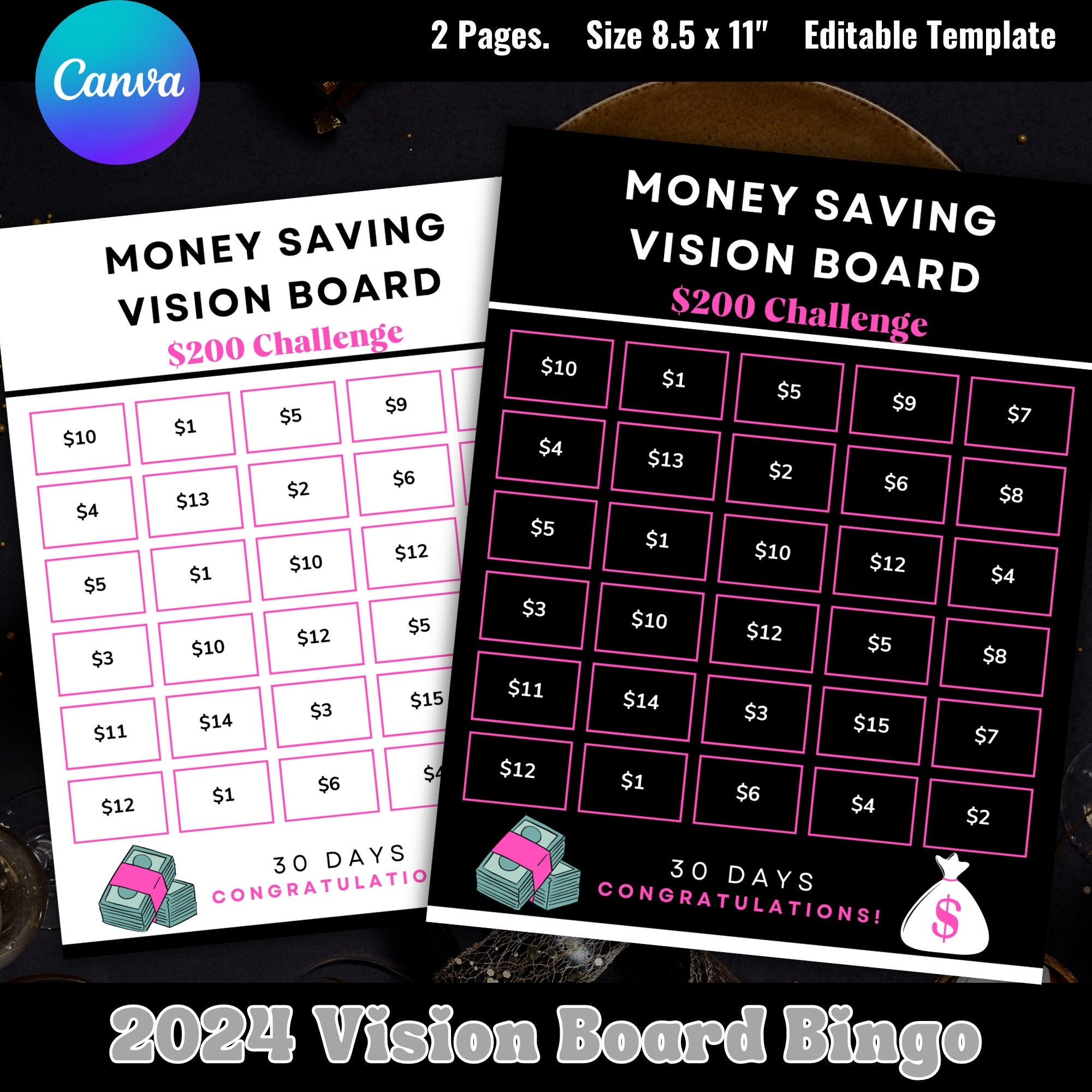 Money Saving Vision Board Template, 2024 Personal Money Saving Goals ...