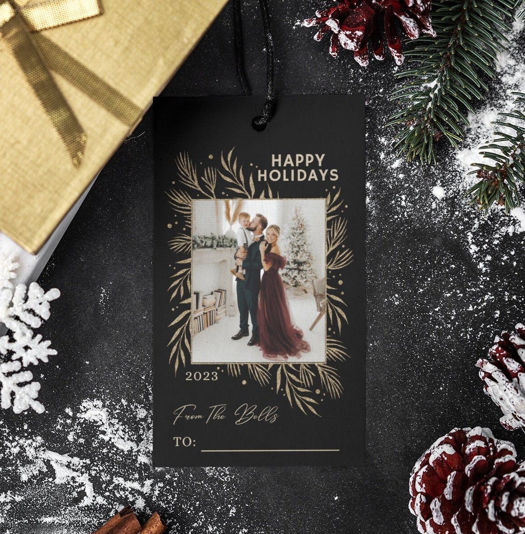 Christmas Photo Gift Tag, Editable Gift Tag Template, Black and Gold ...