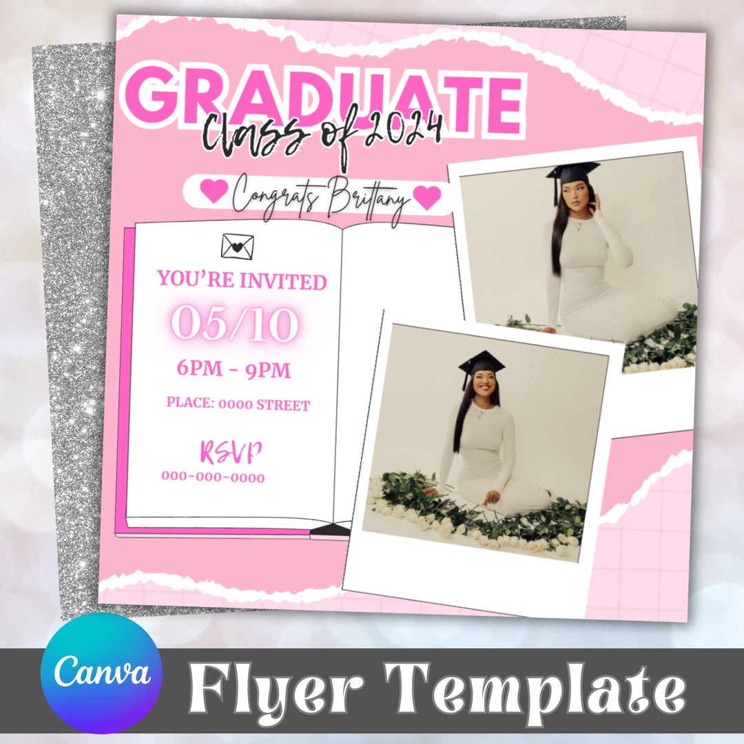 Graduation Party Flyer Template, Pink 2024 Graduation Editable Invite ...