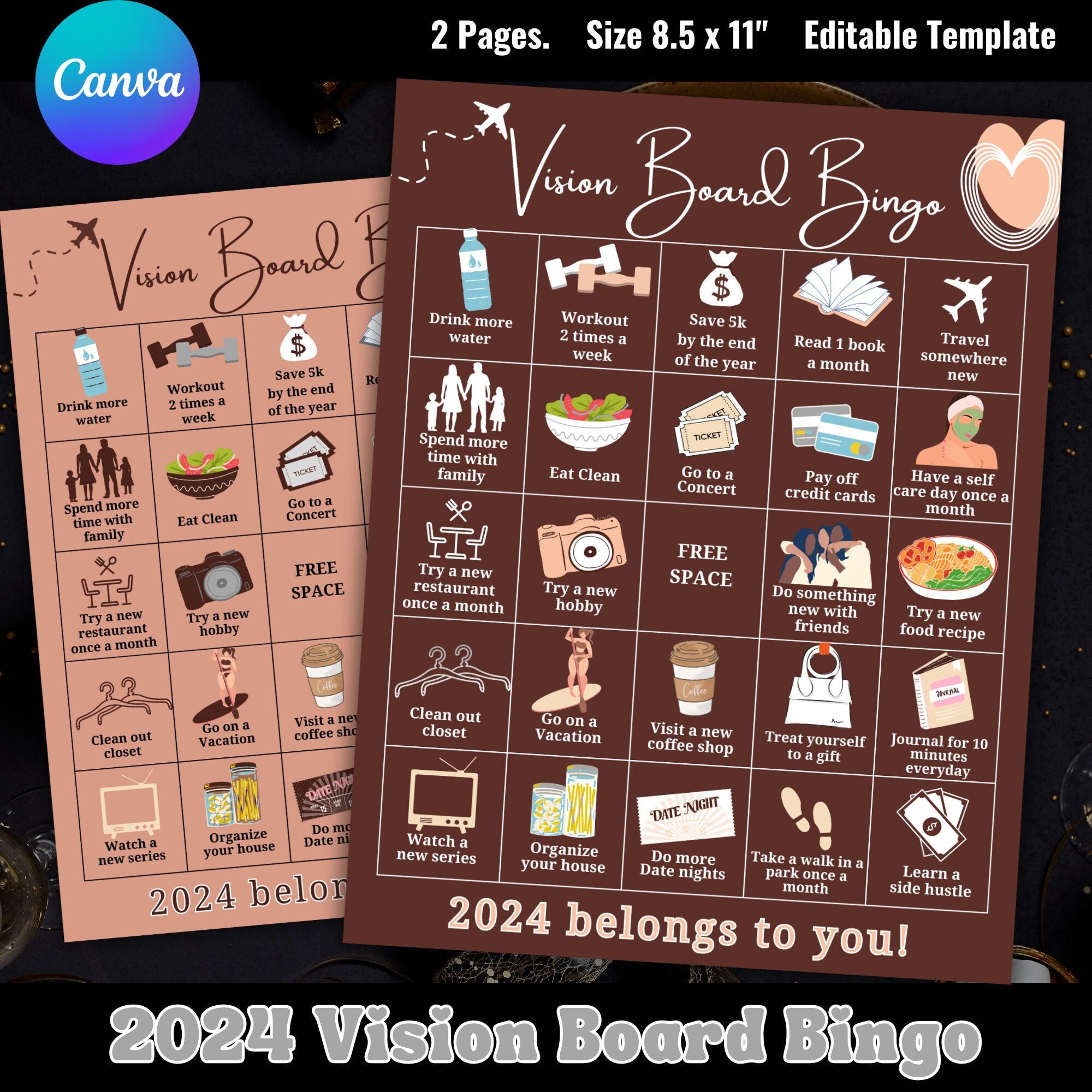2024 Vision Board Bingo Template, Personal Goals Bingo Game, That Girl ...