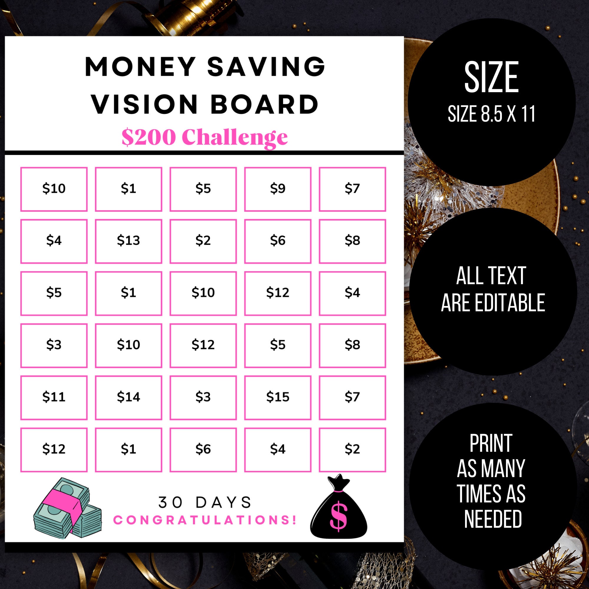 Money Saving Vision Board Template, 2024 Personal Money Saving Goals ...