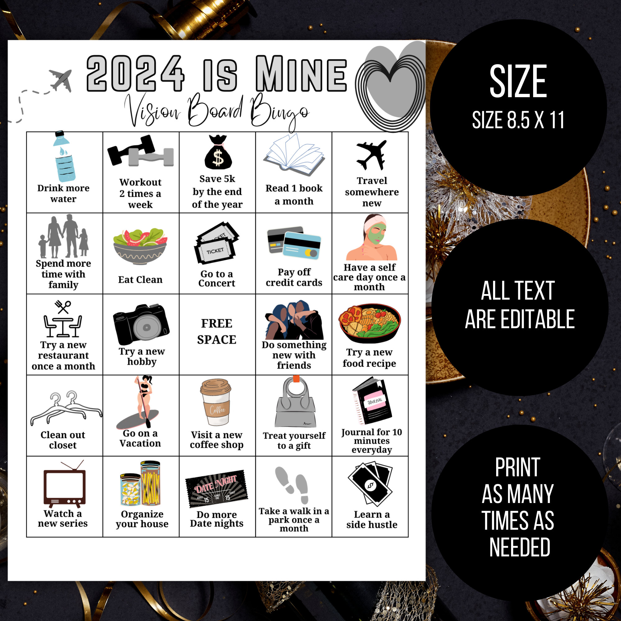 Vision Board Bingo Template, 2024 Personal Goals Bingo Game, That Girl ...