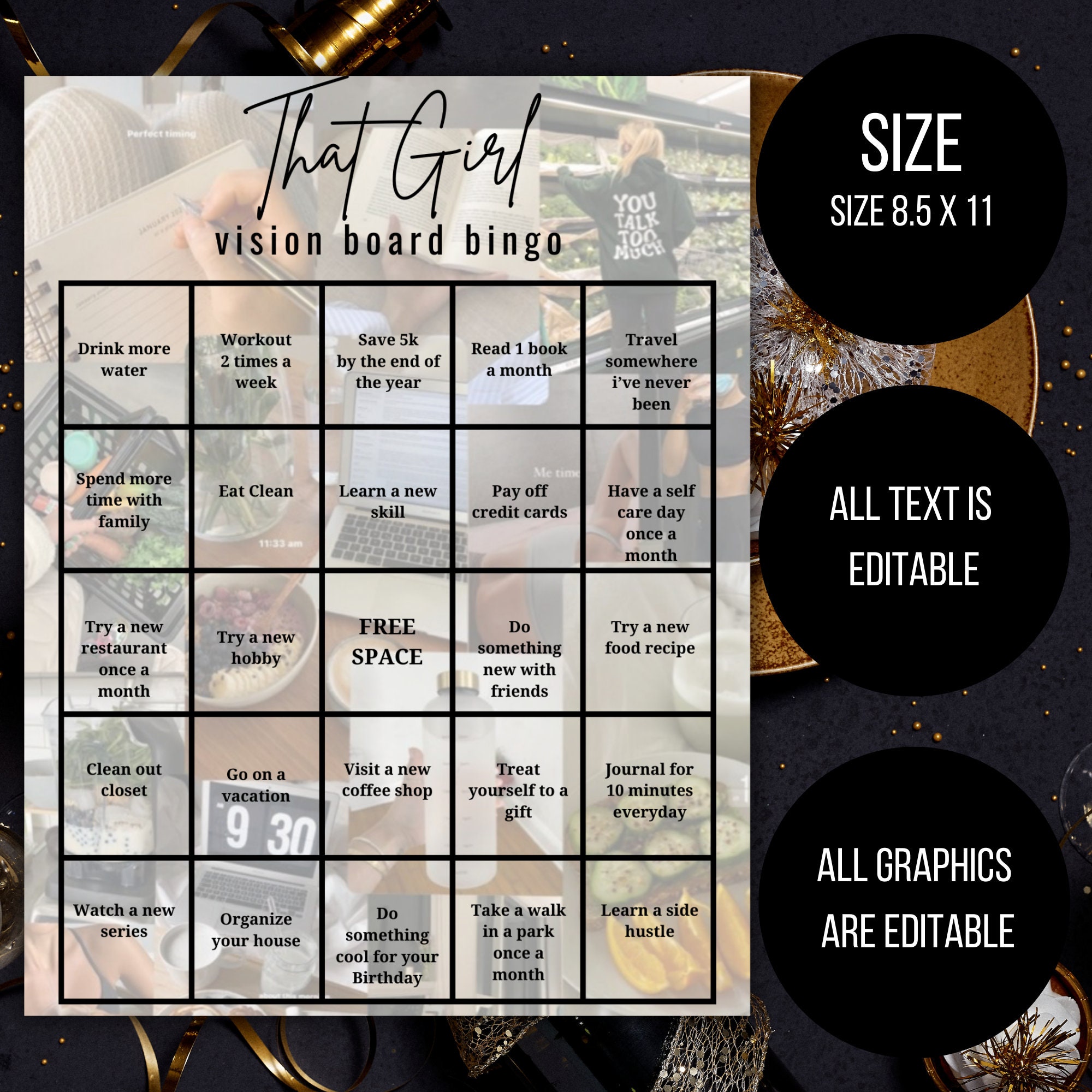 Vision Board Bingo Template, 2024 Personal Goals Bingo Game, That Girl ...