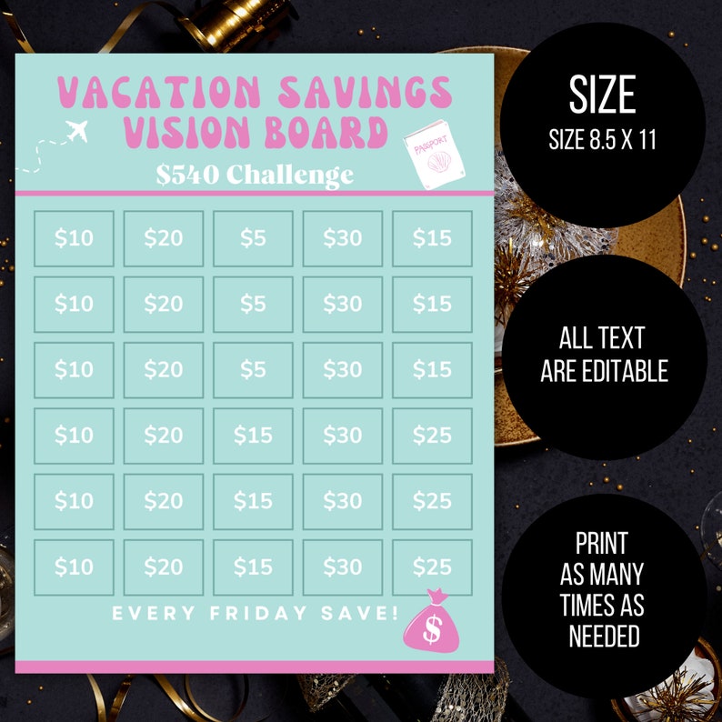 Money Saving Vision Board Template, 2024 Vacation Saving Goals Vision ...