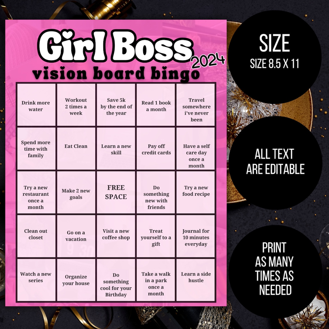 Vision Board Bingo Template, 2024 Personal Goals Bingo Game, Girl Boss ...