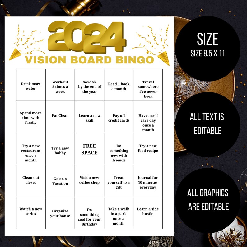 Vision Board Bingo Template, 2024 Personal Goals Bingo Game, Vision ...