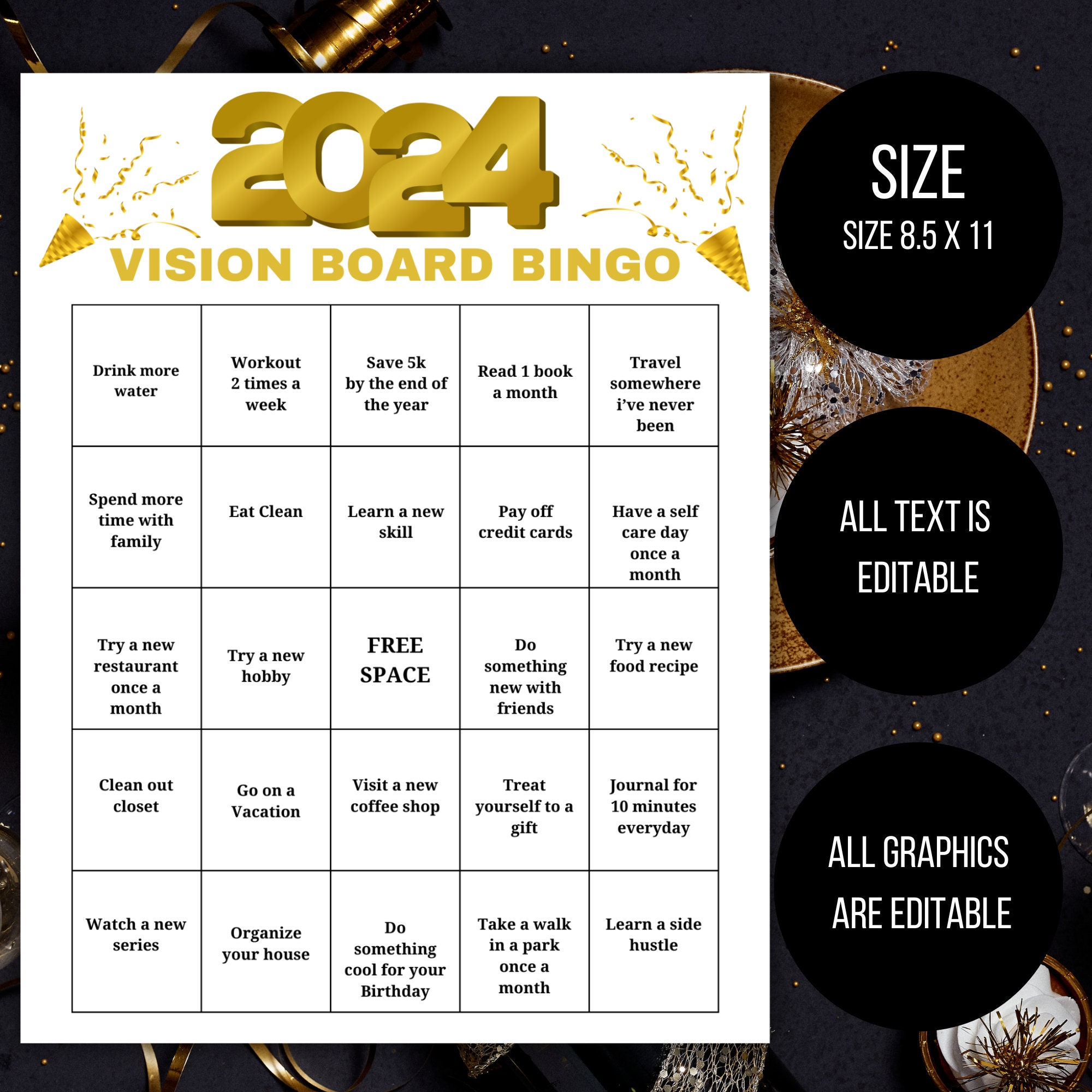Vision Board Bingo Template, 2024 Personal Goals Bingo Game, Vision ...