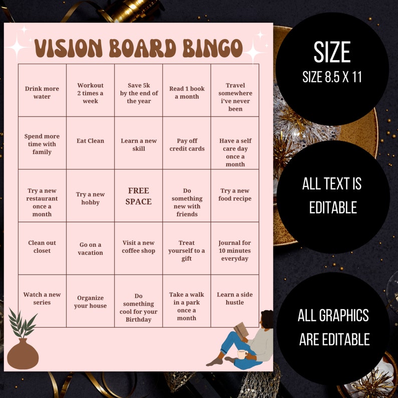 Vision Board Bingo Template, 2026 Personal Goals Bingo Game, Aesthetic ...