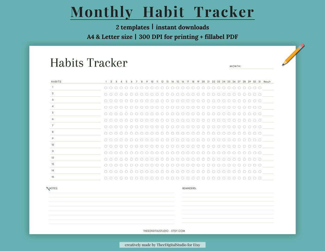 Monthly Habit Tracker Printable PDF A4 & Letter Size Fillable PDF 300 ...