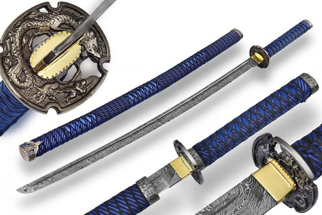 Katana Sword, Handmade Damascuse Steel Blade Sword, Japanese Samurai ...