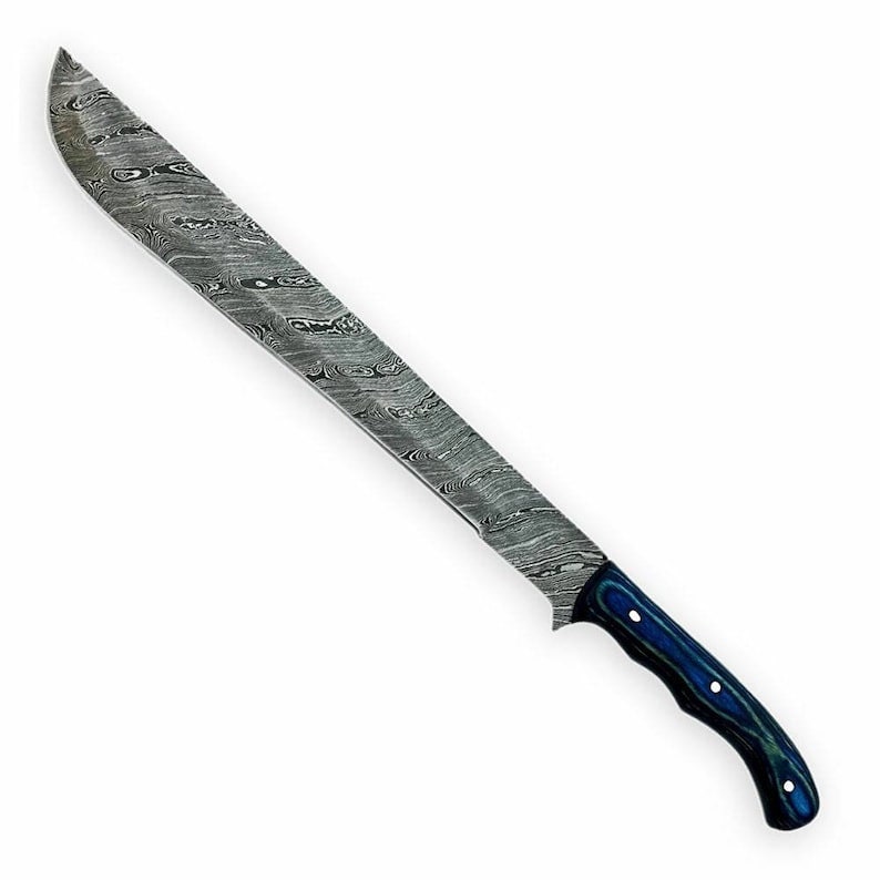 Custom Handmade Damascuse Steel Machete With Blue Pakka Wood Handle ...