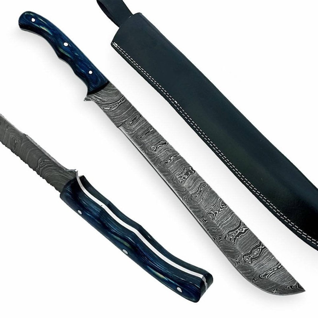 Custom Handmade Damascuse Steel Machete With Blue Pakka Wood Handle ...