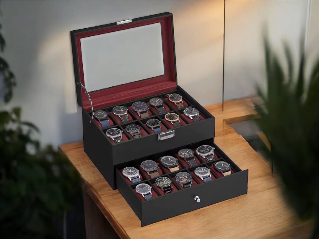 20-slot Watch Box – Lockable 2-layer Watch Case With Glass Lid, PU ...