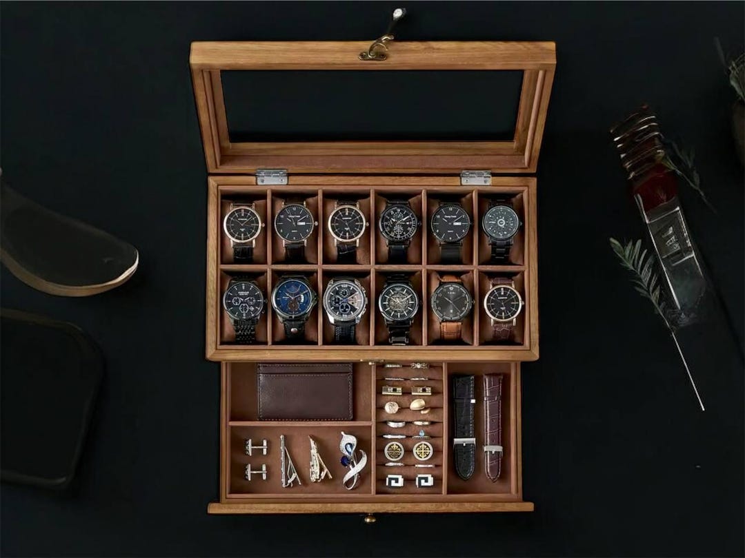 2-tier Luxury Wooden Watch Box, Watch Display Case, Glass Lid, Velvet ...